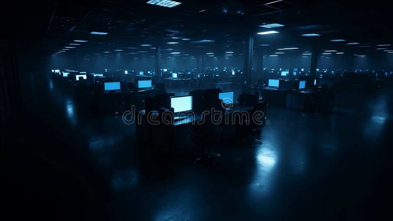 Dark Empty Office Space with Illuminated Computer Screens in a High ...