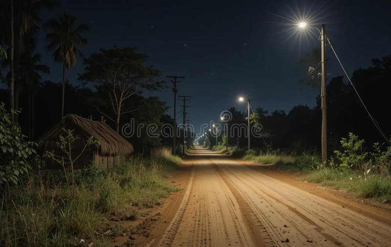 A Dark, Empty Road with Trees on Either Side at Night Stock ...