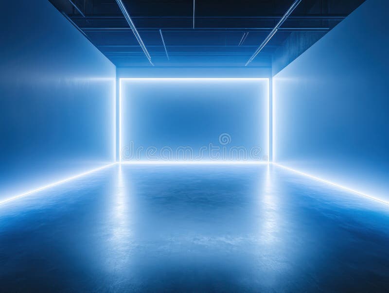 Dark Empty Room Illuminated by Bright Blue Neon Lights with Polished ...