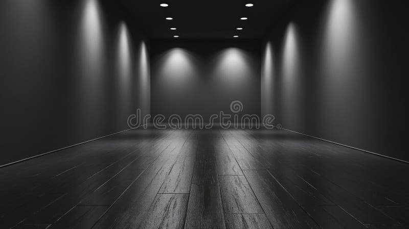 Dark Empty Room with Spotlights and Reflective Floor Stock Illustration ...