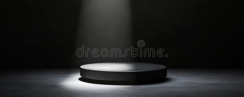 Dark Empty Round Podium Illuminated by Spotlight in a Black Studio ...
