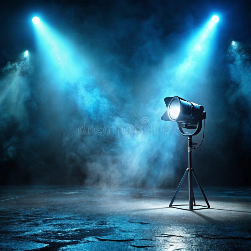 Dark Empty Scene, Blue Neon Searchlight Light, Wet Asphalt, Smoke ...