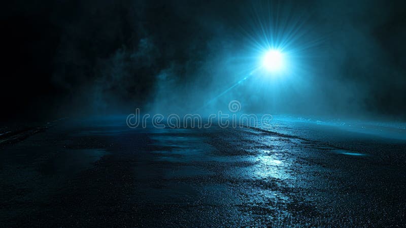 Dark Empty Scene, Blue Neon Searchlight Light, Wet Asphalt, Smoke ...
