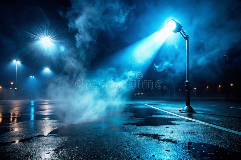 Dark Empty Scene, Blue Neon Searchlight Light, Wet Asphalt, Smoke ...