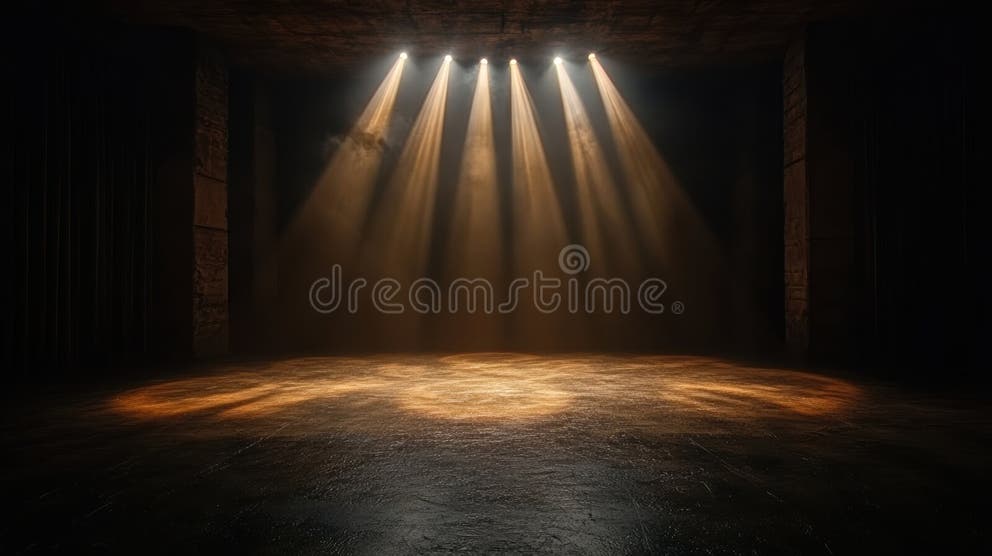 A Dark, Empty Stage Illuminated by Multiple Spotlights, Casting Dramatic Beams of Light and ...
