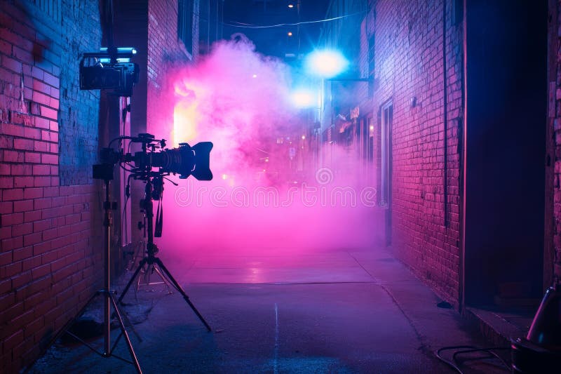 A Dark, Empty Street with Abstract Blue Asphalt Forms the Background for a Studio Room Equipped ...