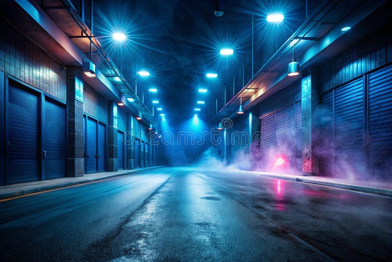 Dark Empty Street Scene with Neon Lights and Smoke Stock Illustration ...