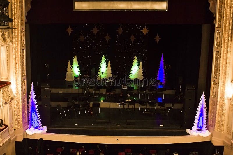 Dark Empty Theatrical Stage with Musical Instruments Stock Photo ...
