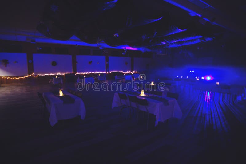 Dark Empty Venue with Decorated Tables and Lights Stock Photo - Image ...