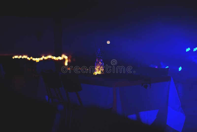 Dark Empty Venue with Decorated Tables and Lights Stock Photo - Image ...