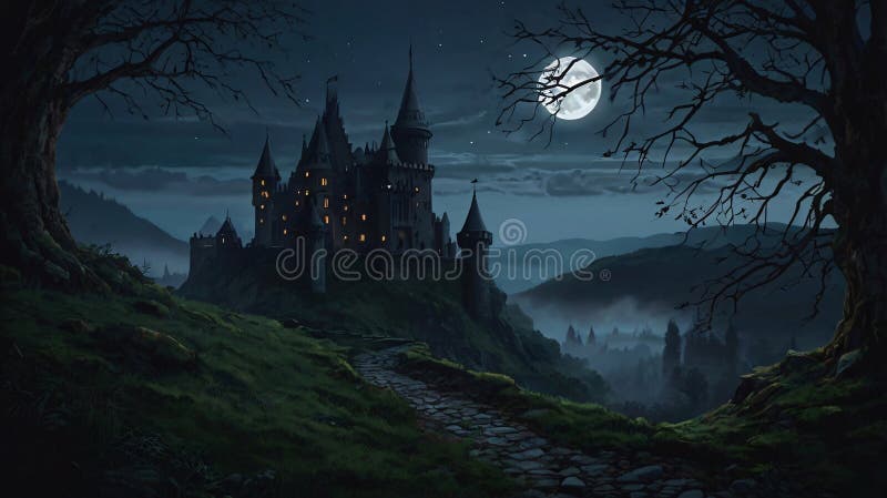 Dark, Enchanted Castle Standing at the Edge of a Forest Road with a ...