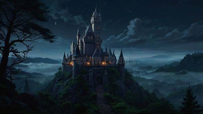 Dark, Enchanted Castle Standing at the Edge of a Jagged Cliff with a ...