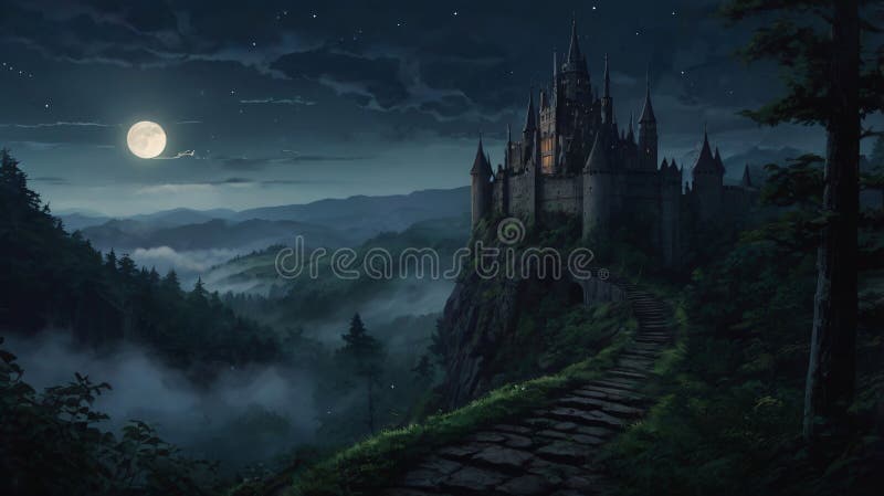 Dark, Enchanted Castle Standing at the Edge of a Jagged Cliff with a ...