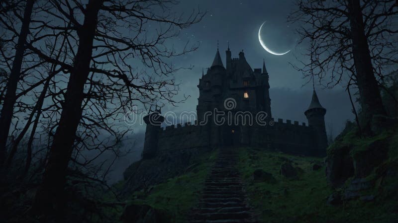 Dark, Enchanted Castle Standing at the Edge of a Jagged Cliff with a ...