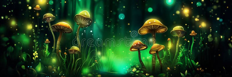 Dark Enchanted Forest Banner with Glowing Mushrooms and Fireflies at ...