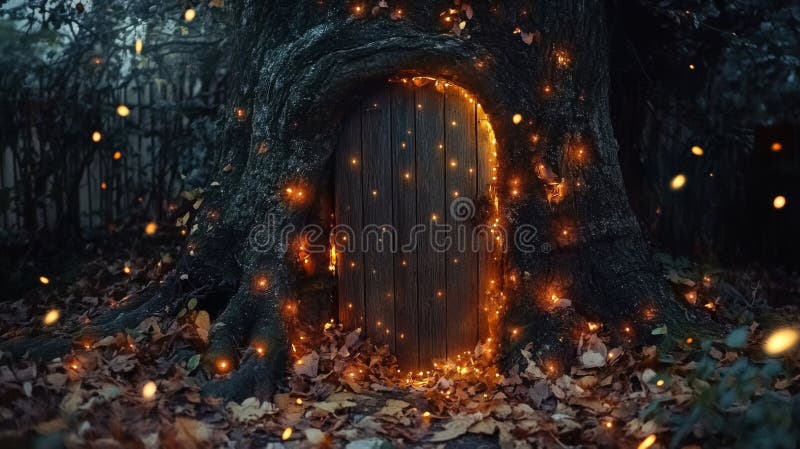 Dark Enchanted Forest with Glowing Tree Door and Autumn Leaves Stock ...