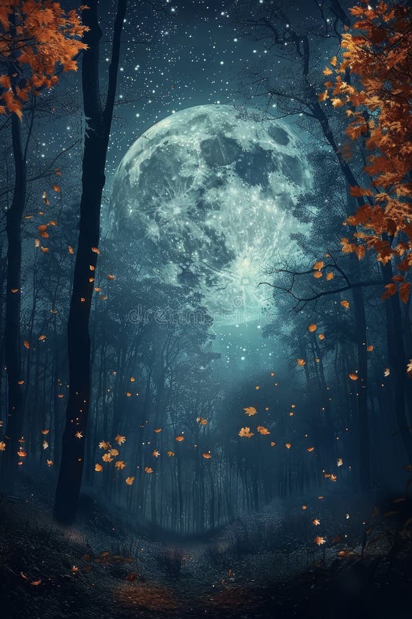 Spooky Forest with Full Moon Shining through Trees and Falling Leaves ...