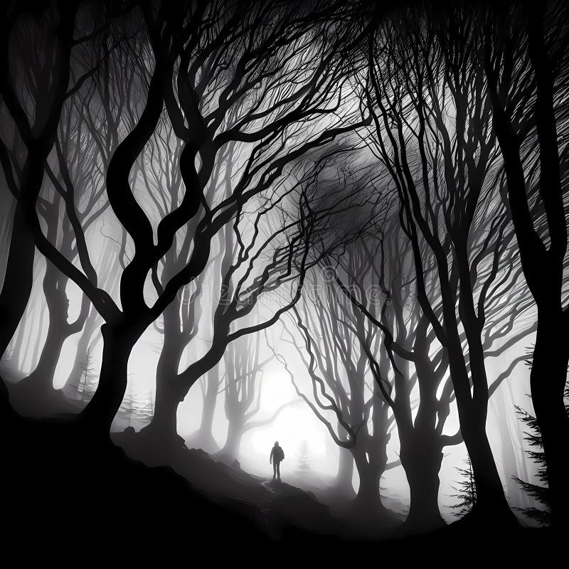 A Dark, Enchanted Forest with Towering, Twisted Trees and Mist Rolling ...
