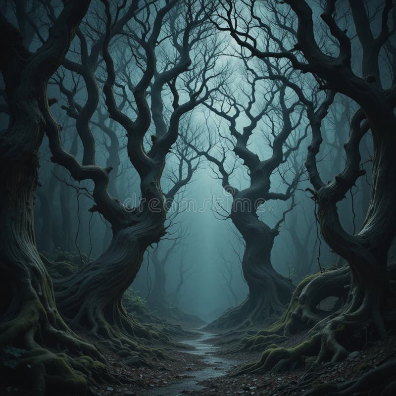 A Dark Enchanted Forest with Twisted, Gnarled Trees Stock Illustration ...