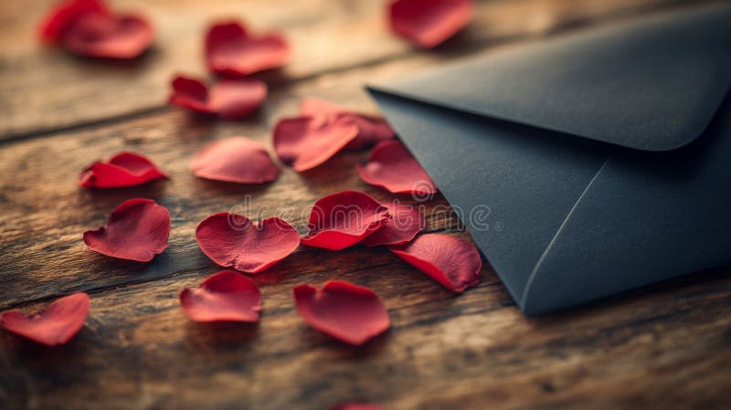 Dark Envelope Rose Petals Wooden Surface Romantic Scene Stock ...
