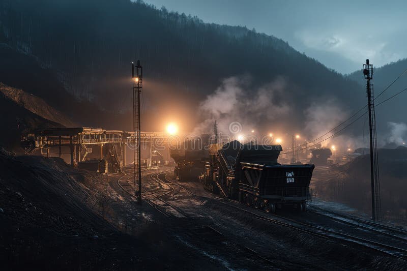 Dark Evening at a Coal Mining Site Illuminated by Powerful Lamps Stock Image - Image of coal ...