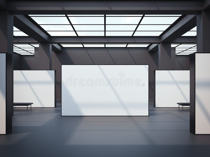 Dark Exhibition Hall with Windows in the Ceiling. 3d Rendering Stock ...
