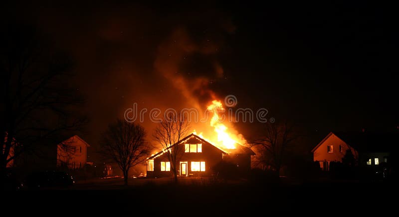 Burning House at Night Highlighting Tragedy and Loss Prevention Stock ...