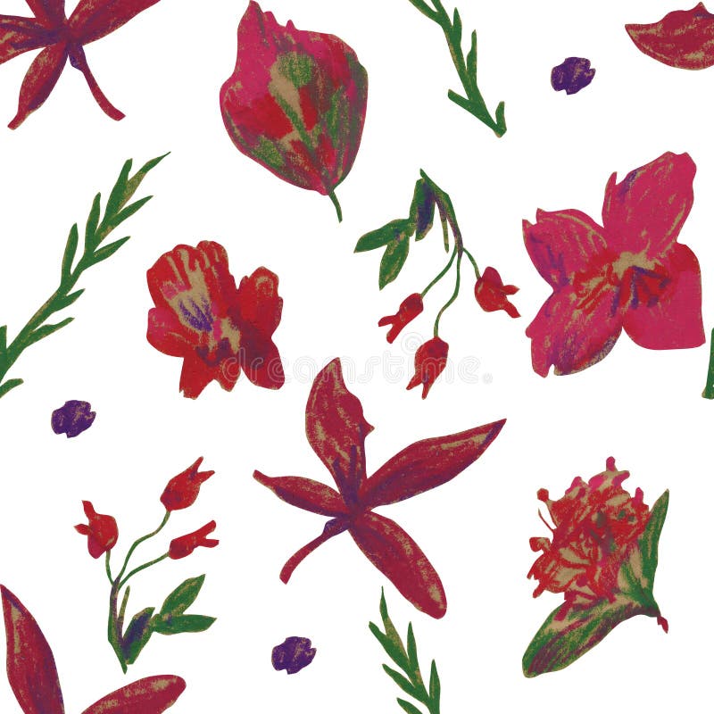 Dark Fall Flowers with Green Leaves Wax Crayons Seamless Pattern on ...