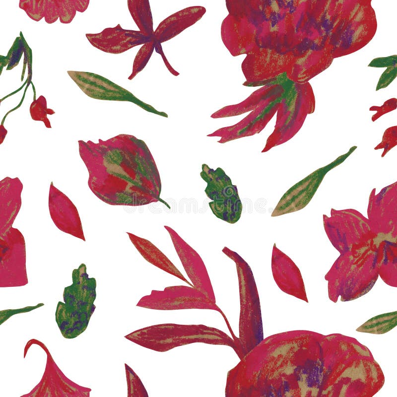 Dark Fall Flowers with Green Leaves Wax Crayons Seamless Pattern on ...