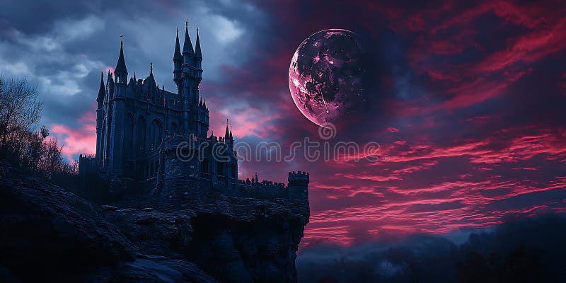 Dark Fantasy Castle Artwork Night Sky Red Moon Gothic Architecture ...