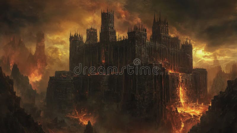 Dark Fantasy Castle Burning in Fiery Landscape Stock Illustration ...
