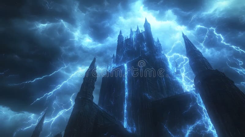 Dark Fantasy Castle Under a Stormy Sky with Blue Lightning Stock ...