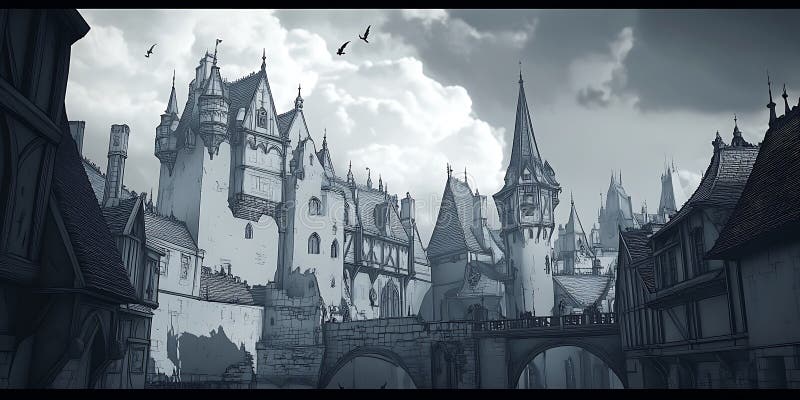 Dark Fantasy Cityscape Epic Medieval Castle Architecture Background Image Stock Illustration ...