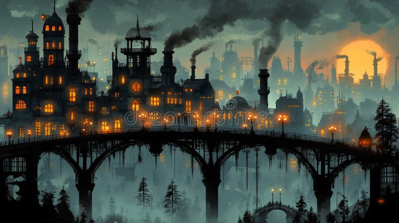 Dark Fantasy Cityscape with Industrial Bridge at Sunset Stock ...