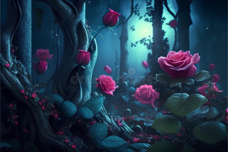 Dark Fantasy Forest with Roses and Trees. 3d Render Illustration Stock ...