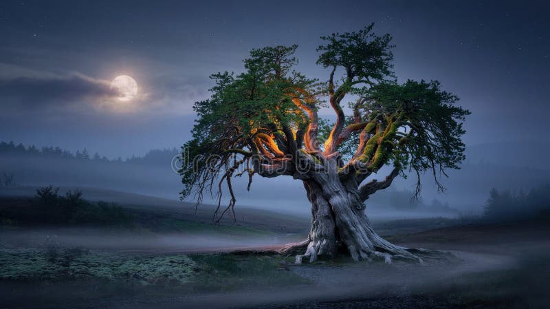 Twisted Tree with Glowing Core Illuminates Dark Fantasy Horror ...