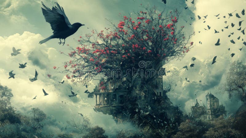 Dark Fantasy House Tree with Crows and Red Flowers in Cloudy Sky Stock ...