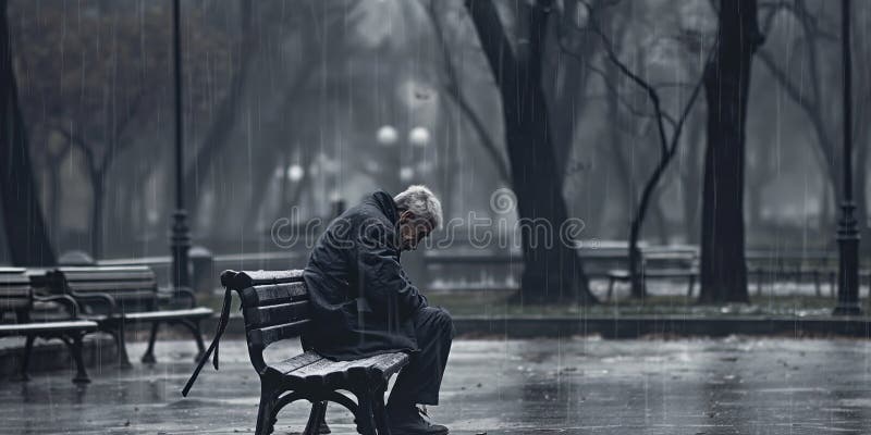 Elderly Man in Rain-Soaked Park, Symbolizing Isolation and Despair ...