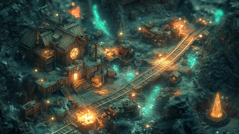 Dark Fantasy Mining Town at Night with Glowing Energy Stock ...