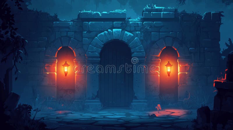 Dark Fantasy Stone Gate at Night Stock Illustration - Illustration of ...