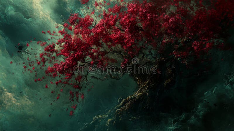 Dark Fantasy Tree with Red Blossoms and Teal Background Stock ...