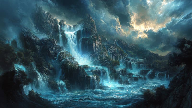 Dark Fantasy Waterfall Landscape with Mountainous Rocks Stock ...