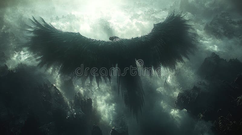 Dark Fantasy Winged Creature Soaring Above a Misty, Rocky Landscape ...