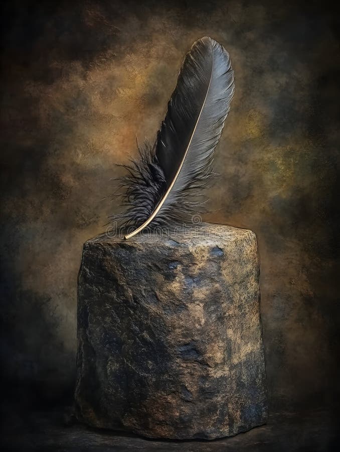 Dark Feather on Rough Stone Still Life Photography Artistic Background ...