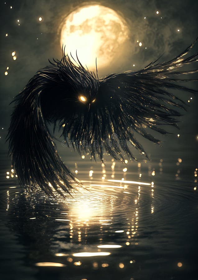 A Dark Feathered Creature with Glowing Eyes Flying Over Water Under a ...