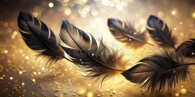 Dark Feathers Floating in Golden Light, a Symbol of Elegance and ...