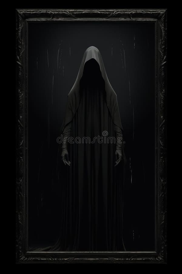 A Dark Figure in a Black Robe Standing in Front of a Black Frame Stock ...
