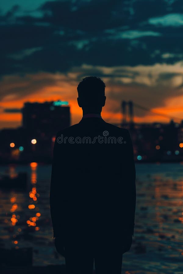 Dark Figure of a Man in Suit, Sunset Quay, Silent Yearning , 8K ...