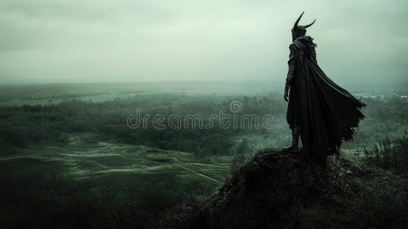 Dark Figure Overlooking Misty Landscape at Twilight Stock Photo - Image ...