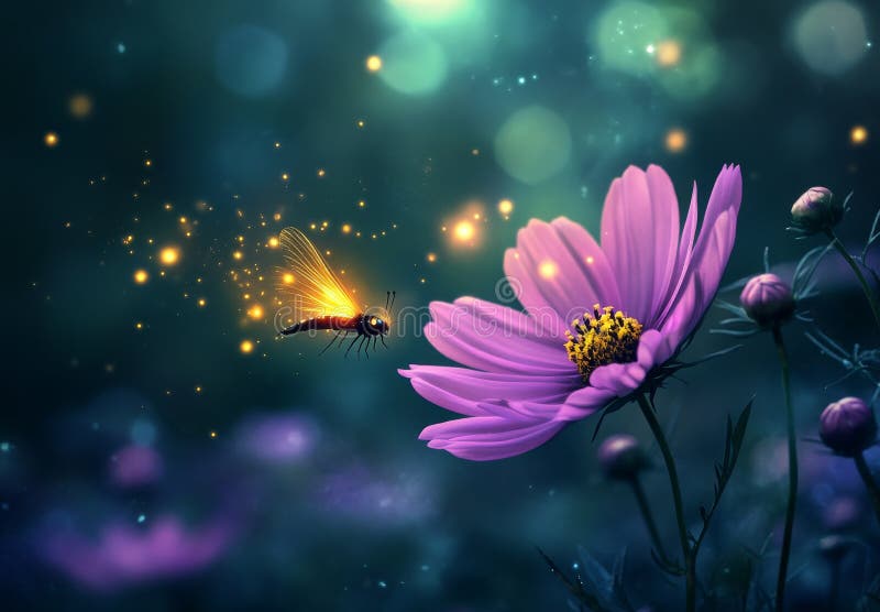In the Dark, a Firefly Flies Near a Flower Emitting Its Own Light Stock ...
